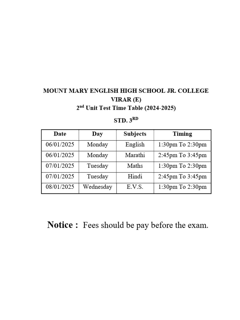 2nd Unit Test Time Table Std. 3rd | PDF