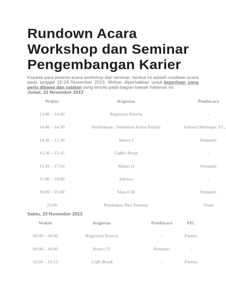 Rundown Workshop Pengembangan Karier | PDF