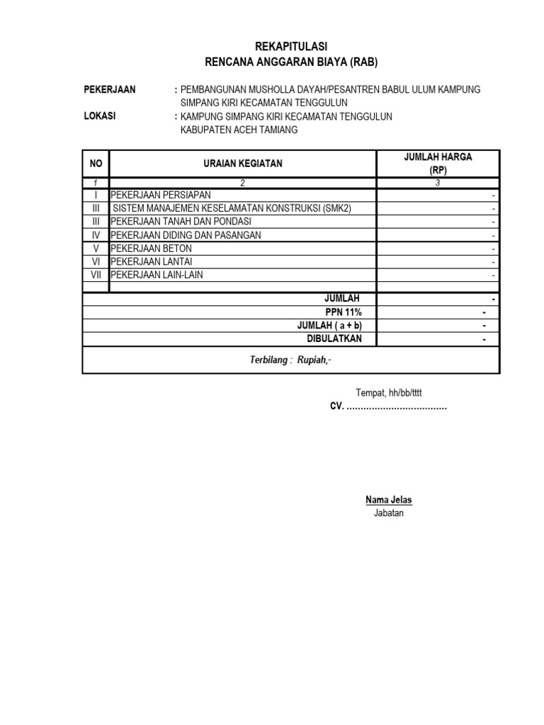 Rencana Anggaran Biaya (Rab) Rekapitulasi: Pekerjaan: Lokasi | PDF