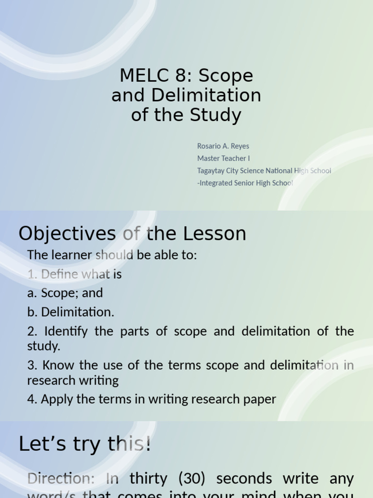 MELC 8 Scope and Delimitation 3 | PDF | Scope (Computer Science) | Methodology