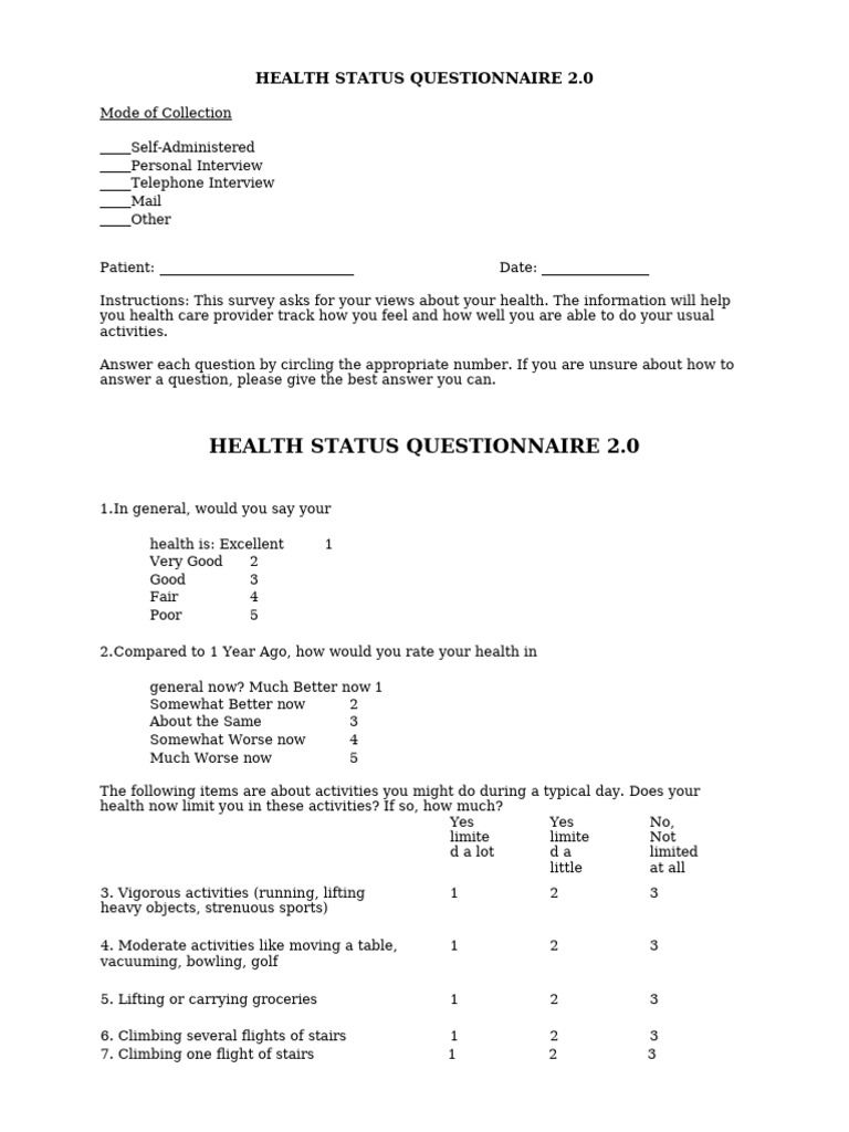 Health Status Questionnaire HSQ-37 | PDF | Questionnaire ...