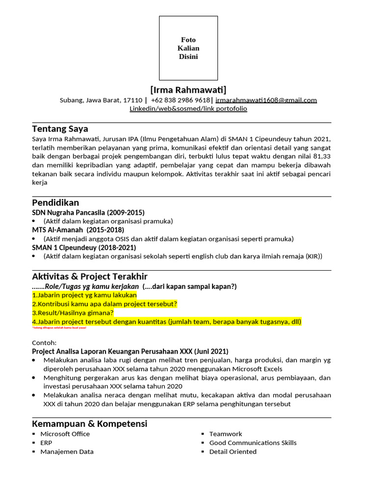 Contoh CV Non Pengalaman Bismillah Fix Gapake Revisi | PDF