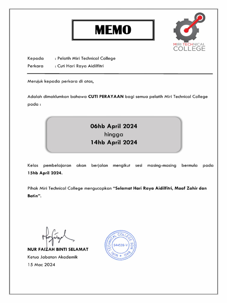 Memo Cuti Pelatih Hari Raya 2024 | PDF