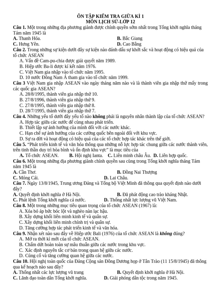 LỊCH SỬ- ÔN TẬP KIỂM TRA HK1 -12 TỰ NHIÊN | PDF