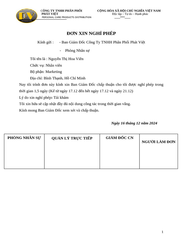 BM Don Xin Nghi Phep | PDF