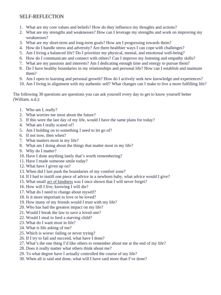 Self-Reflection Question | PDF | Stress (Biology) | Psychology