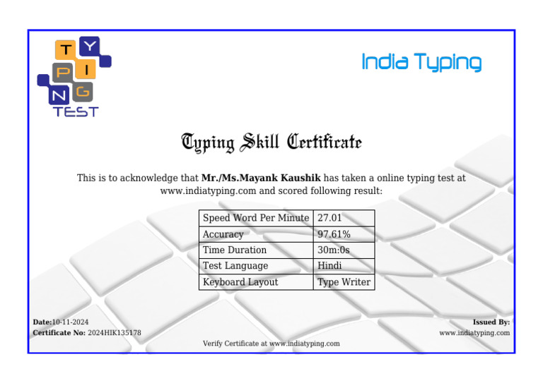 Mayank KaushikTyping Certificate | PDF
