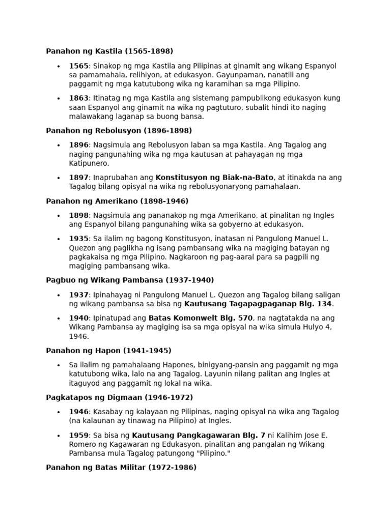 Kasaysayan NG Wikang Pambansa Timeline | PDF