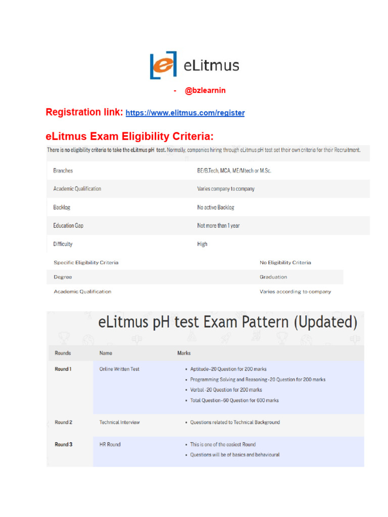 eLitmus Exam Eligibility and Companies | PDF
