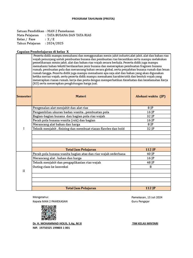 RPE, PROTA, PROMES KLS MINTARI X 2024 - 2025.xlsx - prota | PDF