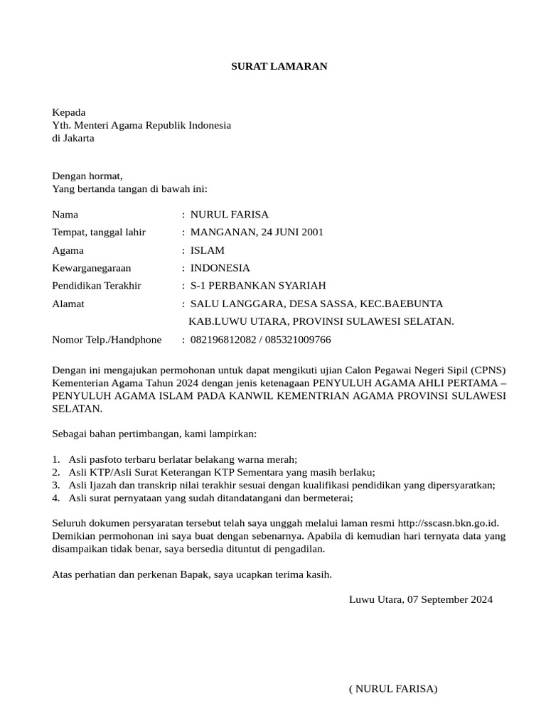 Surat Lamaran Dan Pernyataan Cpns Kemenag 2024 | PDF