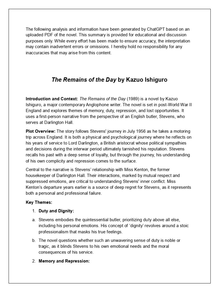 Summary of The Remains of the Day | PDF