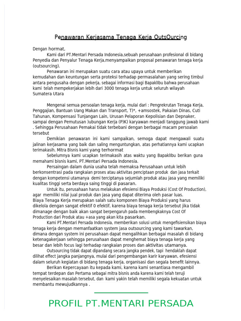 PDF Contoh Penawaran Kerjasama Tenaga Kerja Outsourcing - Compress | PDF