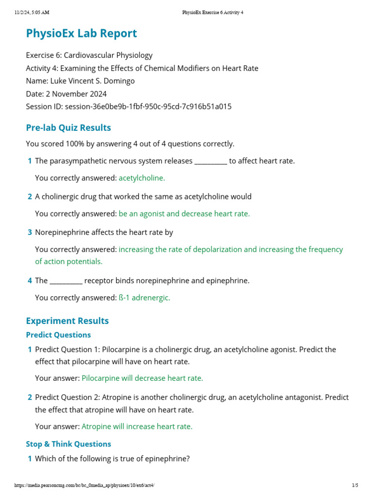 PhysioEx Exercise 6 Activity 4 | PDF | Acetylcholine | Heart Rate