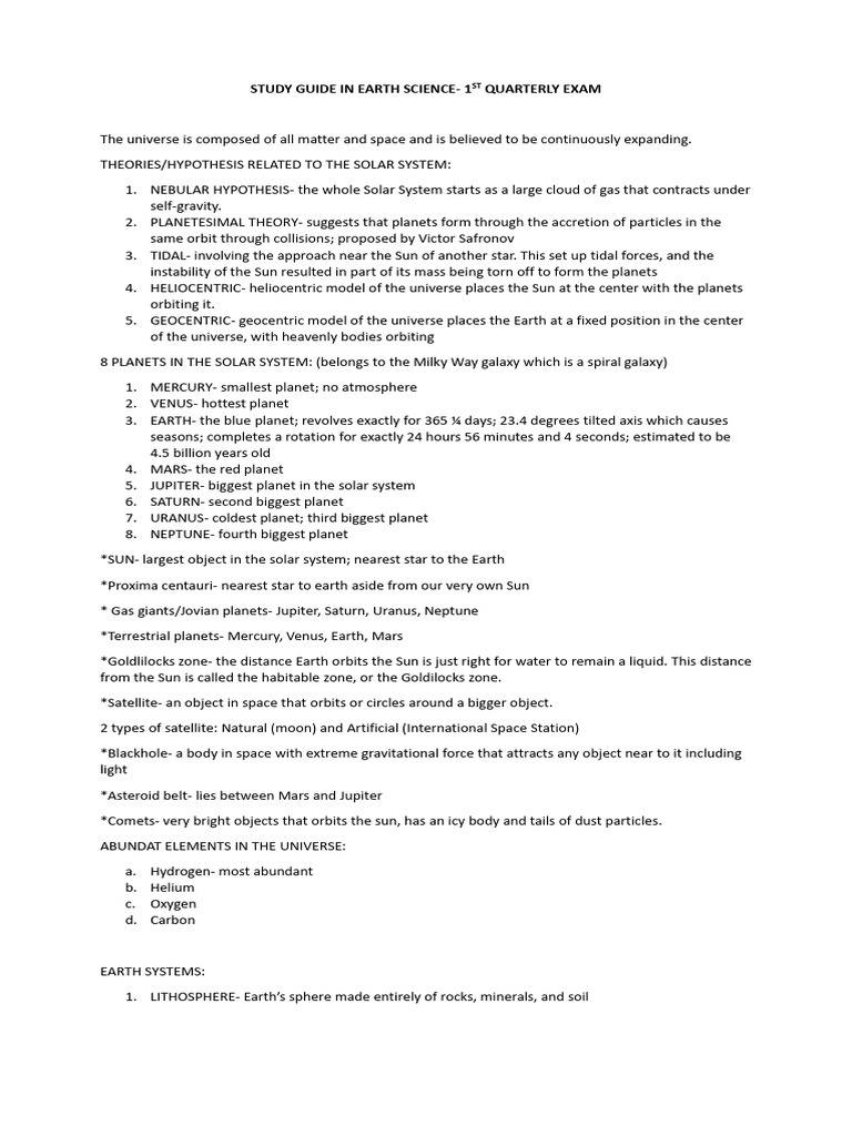 Earth Science Study Guide: 1st Quarter Exam | PDF | Planets | Solar System