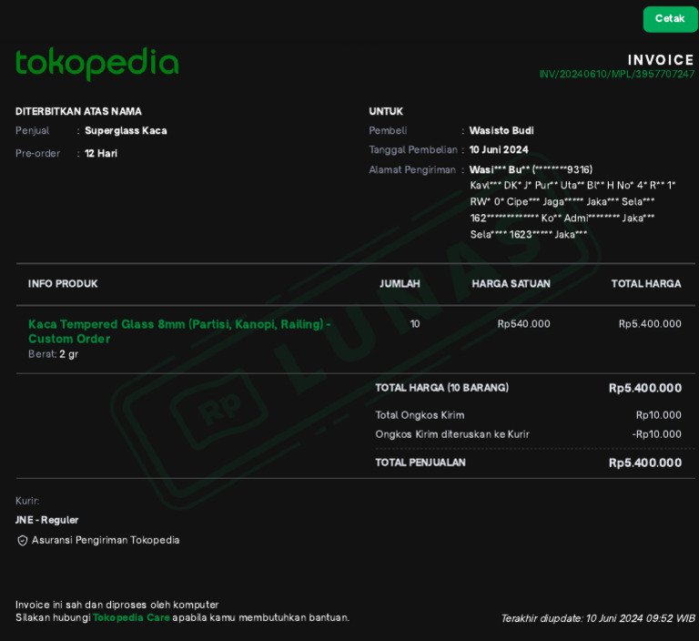 Invoice - Tokopedia Wasisto Budi | PDF
