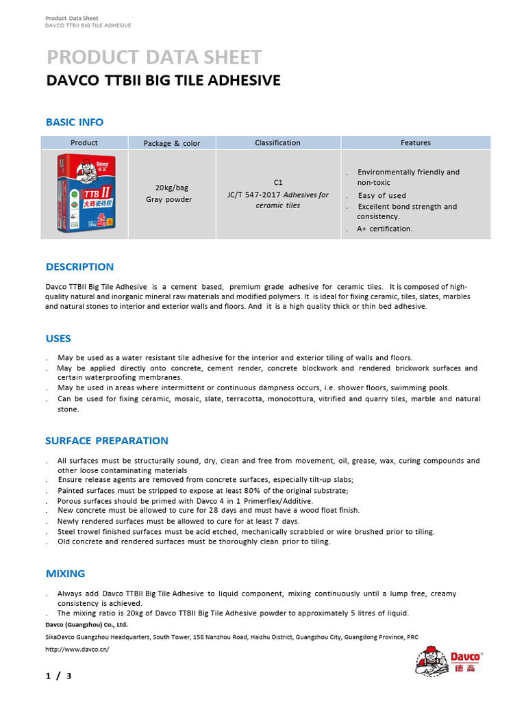 Davco TTBII Big Tile Adhesive PDS | PDF | Concrete | Tile