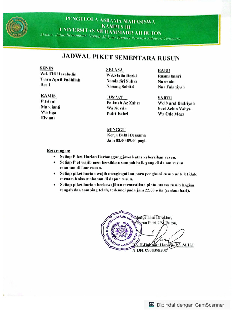 Jadwal Piket Rusun | PDF