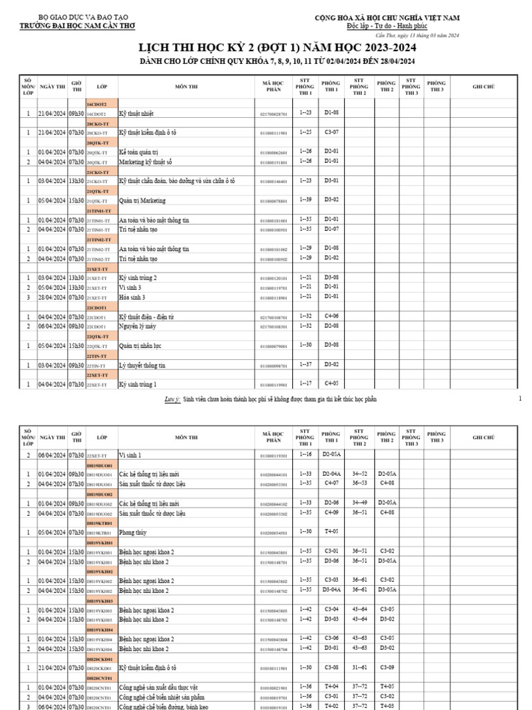 Lich Thi HK223-24-dot 1-Dieuchinh | PDF