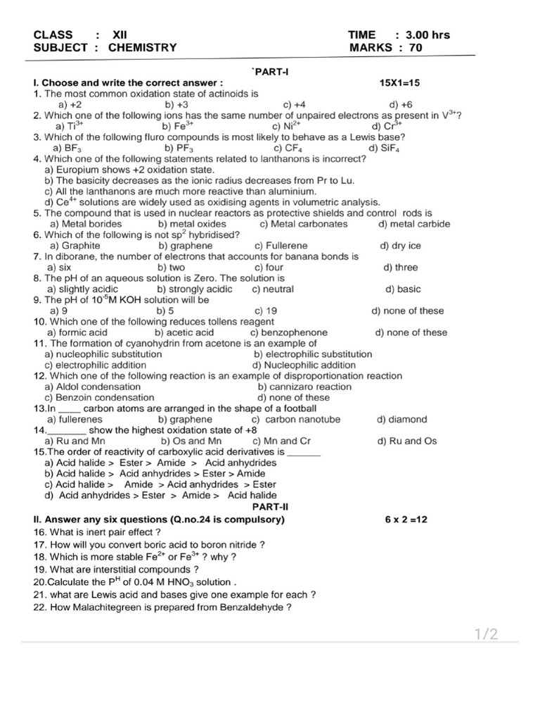 12th Chemistry Unit Test 2 4 8 and 12 Question Paper English Medium PDF ...