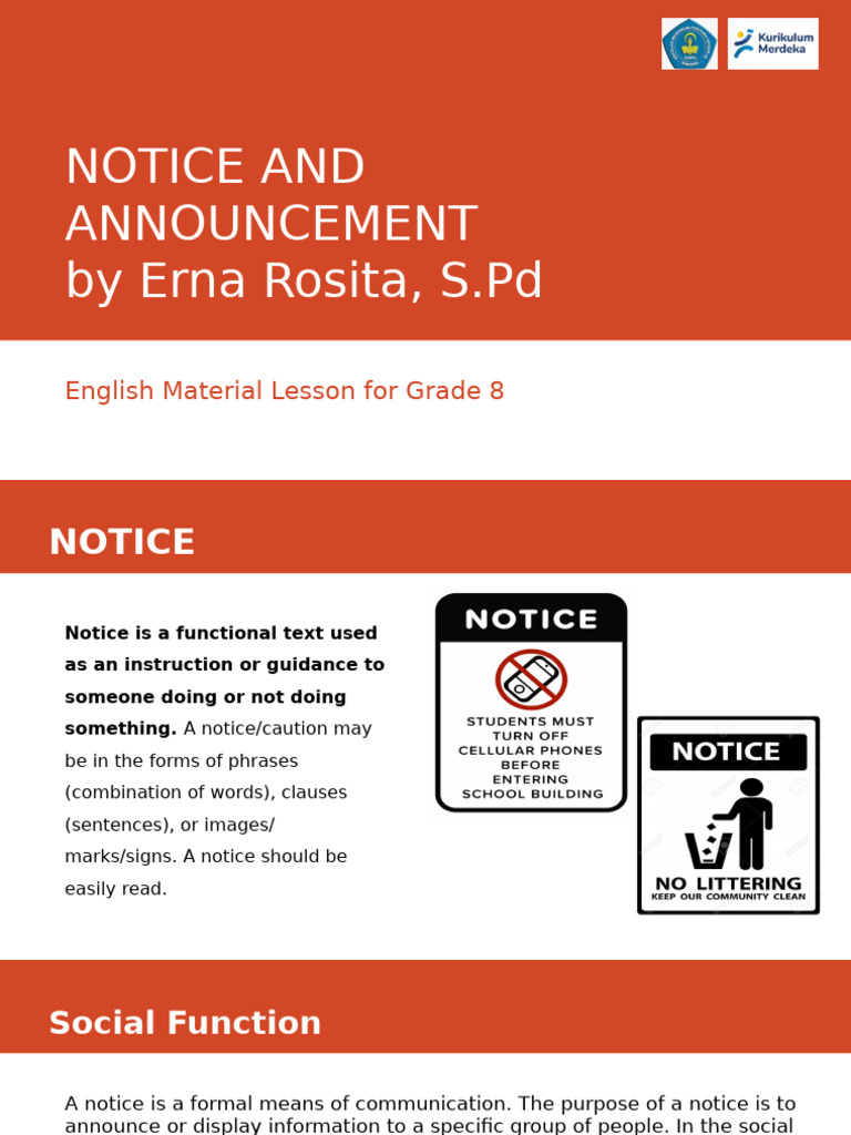 Grade 8 English: Notices & Announcements | PDF