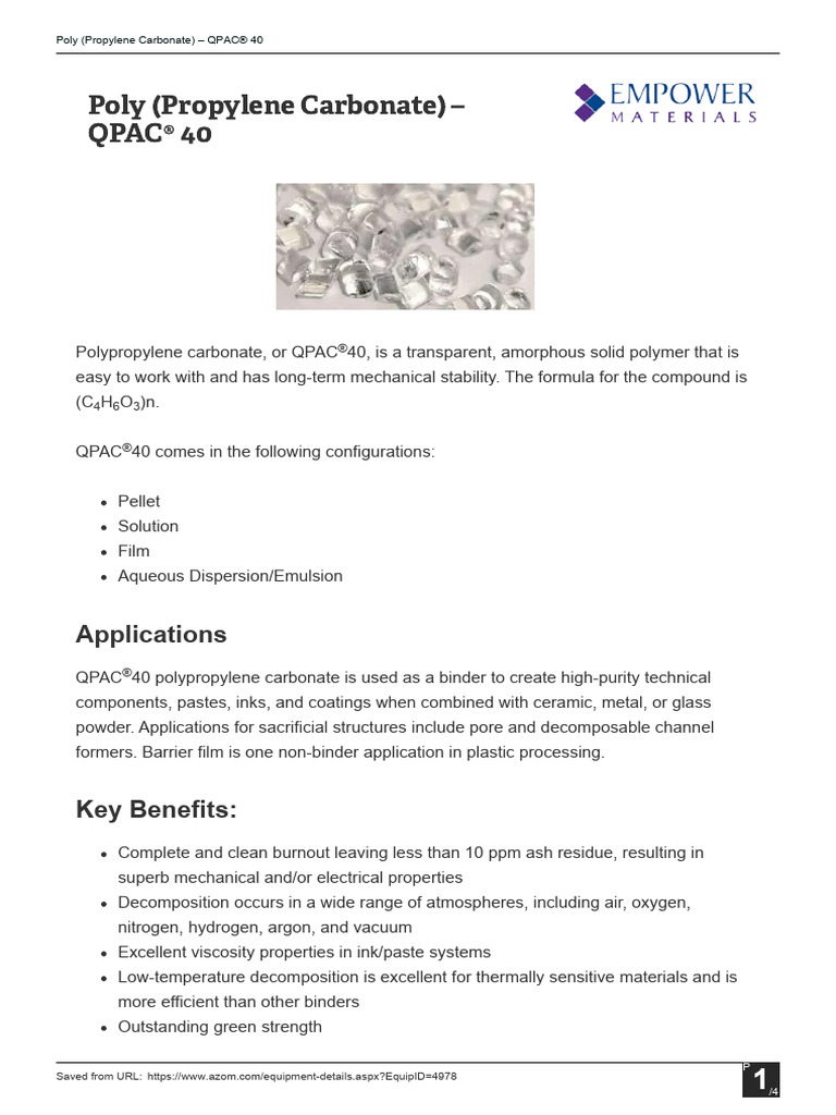 Poly (Propylene Carbonate) E28093 QPACc2ae 40 | PDF | Polymers | Carbonate