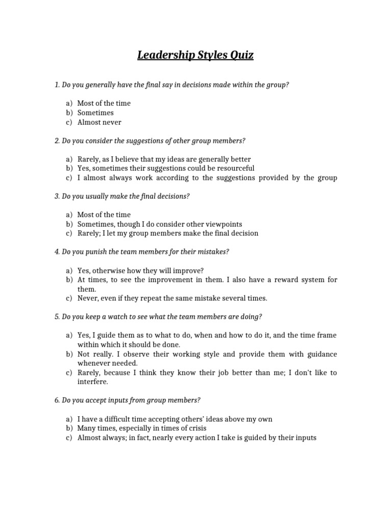 Leadership Styles Quiz | PDF | Leadership | Cognition