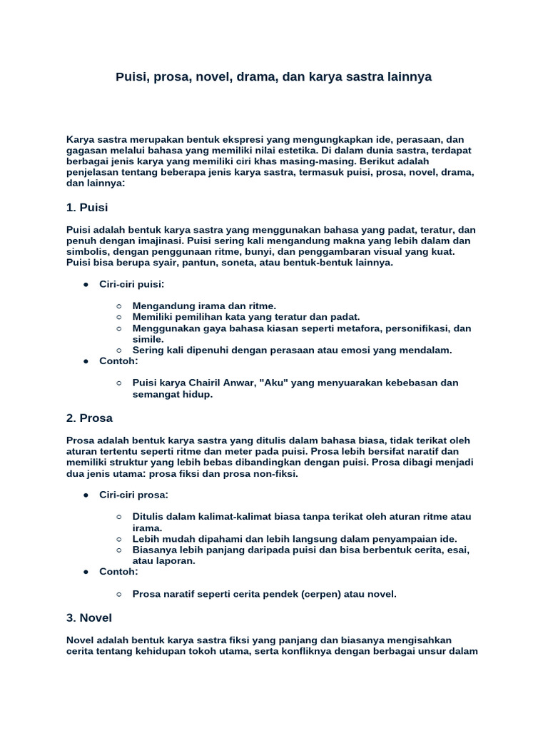 Puisi, prosa, novel, drama, dan karya sastra lainnya | PDF