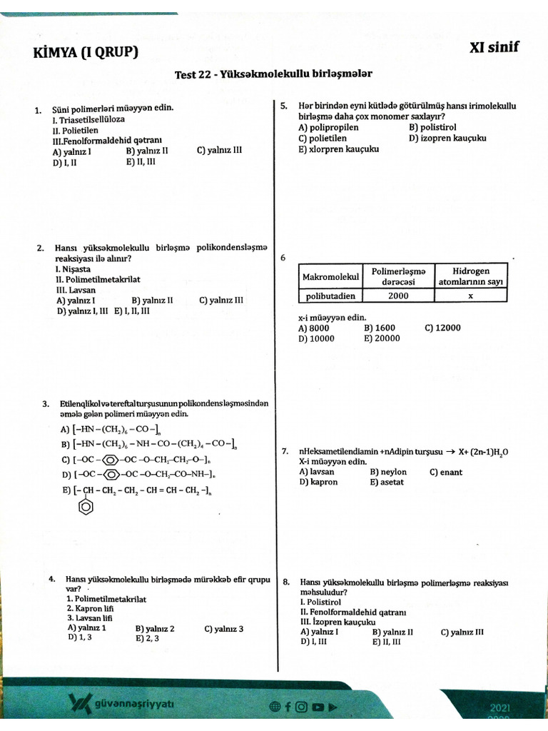 1-Ci Qrup. Quiz 22. Yüksəkmolekullu Birləşmələr. | PDF