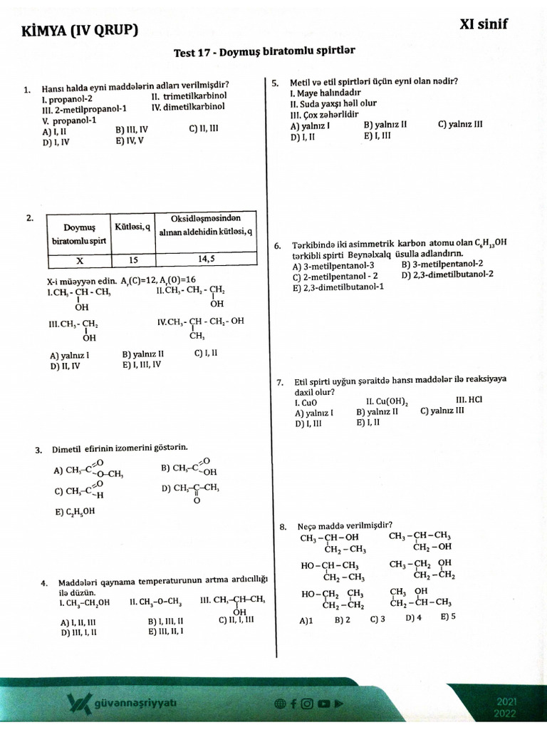 4-Cü Qrup. Quiz 17. Doymuş Biratomlu Spirtlər. | PDF