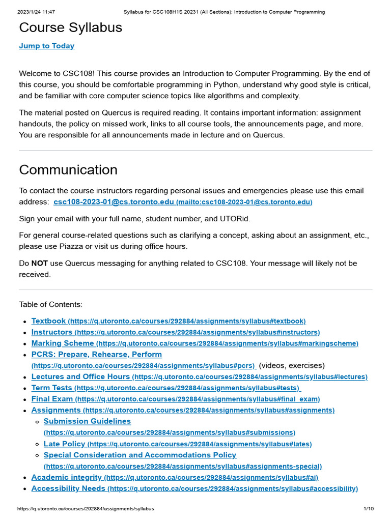 CSC108H1 Course Syllabus | PDF | Lecture | Accessibility