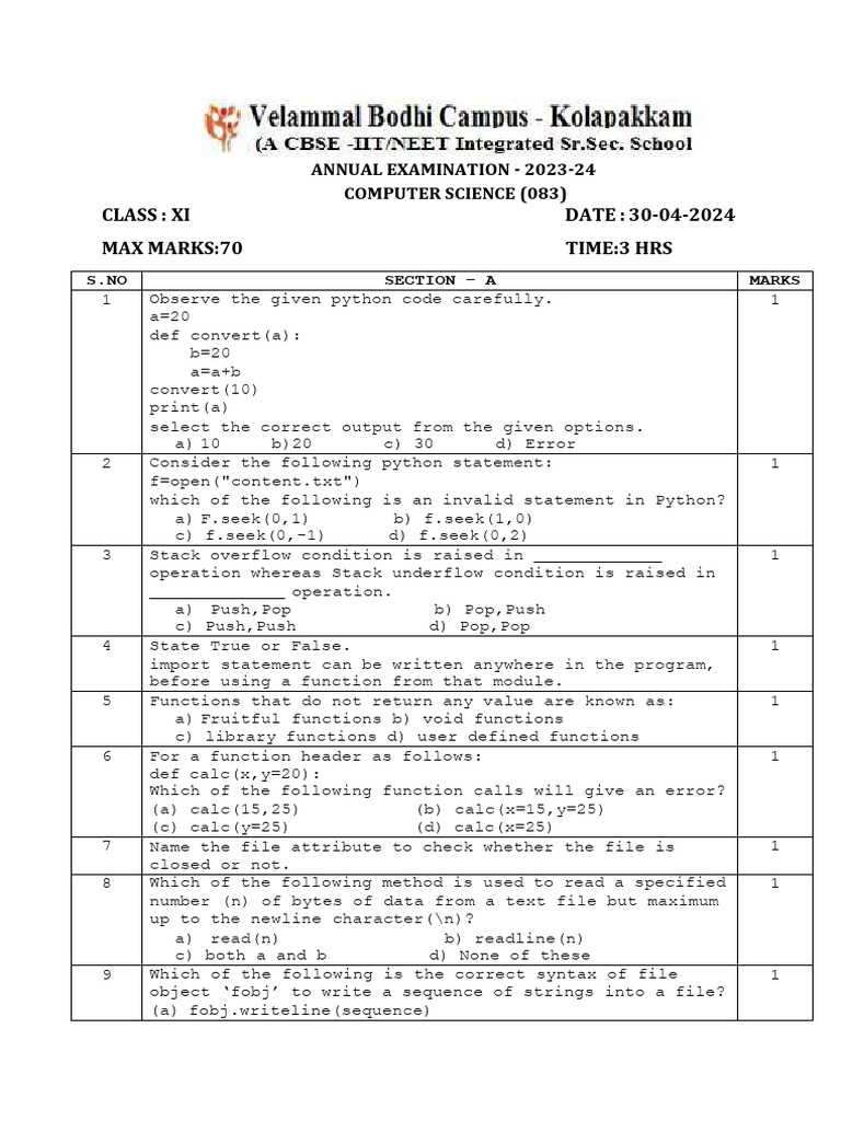 CS QP - Class Xi Annual Exam April 30TH | PDF | Parameter (Computer Programming) | Text File