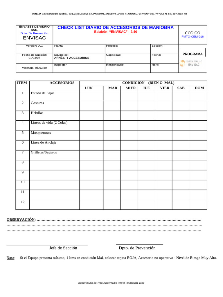 f2-32 Check List Diario de Accesorio de Maniobras | PDF