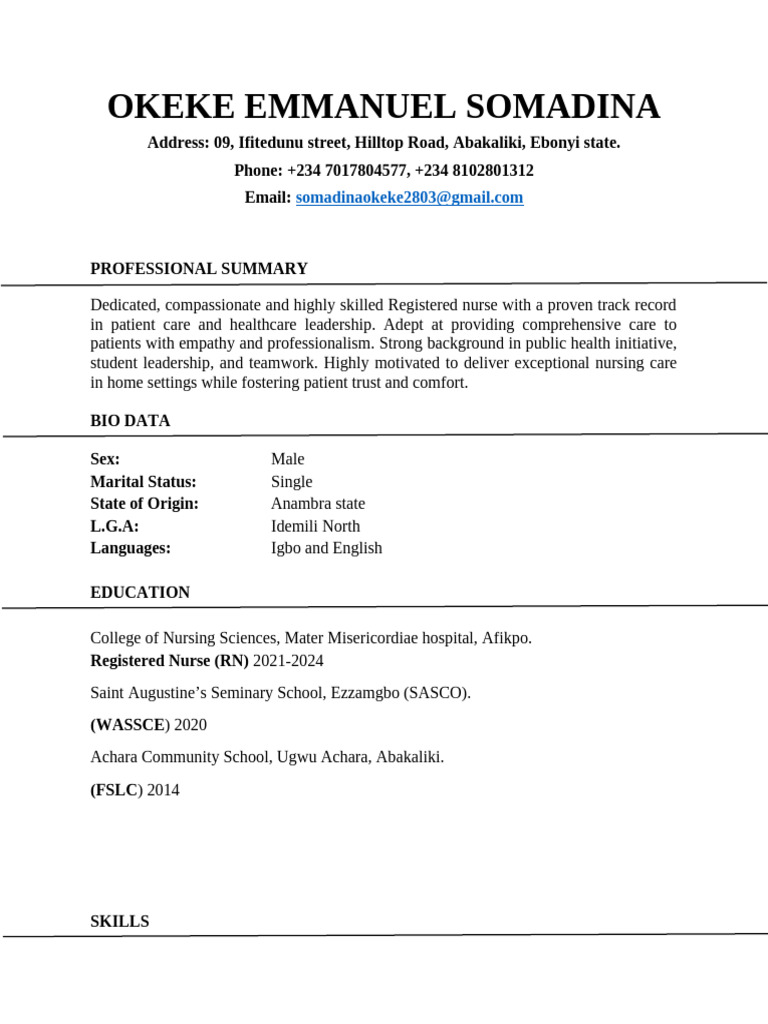 Okeke Somadina's CV | PDF | Surgery | Nursing