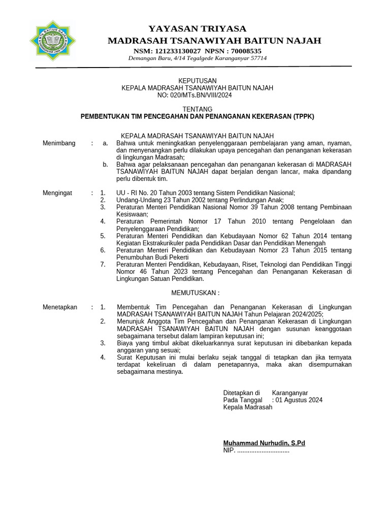 (Panduanmengajar - Com) SK Tim Pencegahan Dan Penanganan Kekerasan Di Lingkungan Satuan ...