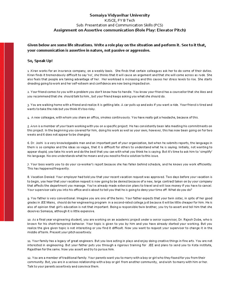 Assertive Communication Role Play Scenarios | PDF | Social Psychology | Psychological Concepts