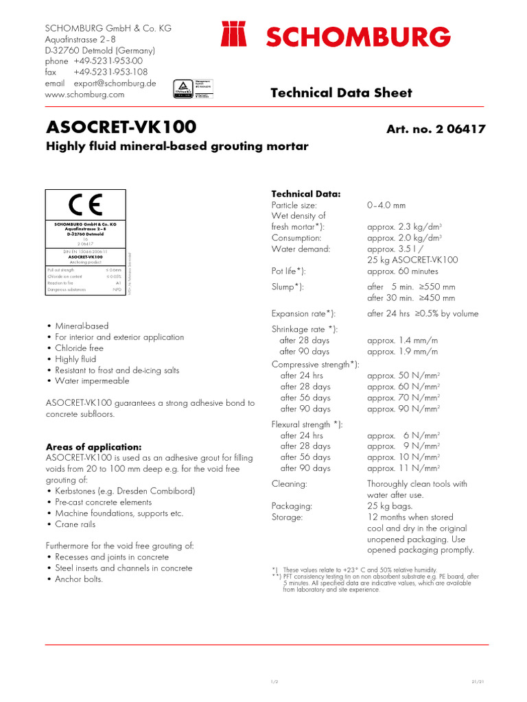 ASOCRET-VK100 Grouting Mortar Overview | PDF | Concrete | Water