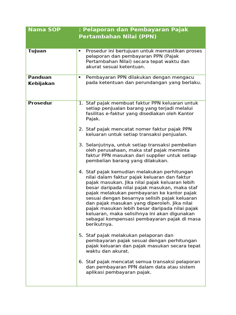 SOP Pelaporan Dan Pembayaran PPN (Ex) | PDF
