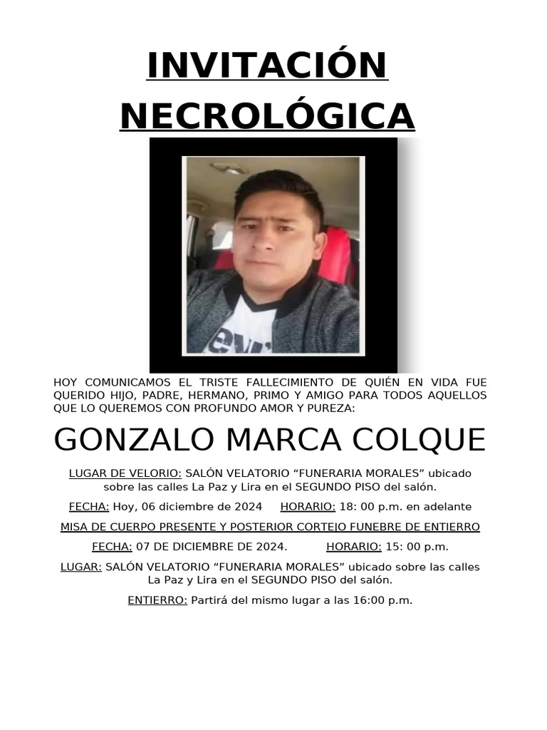 Invitación a velorio de Gonzalo Marca Colque | PDF