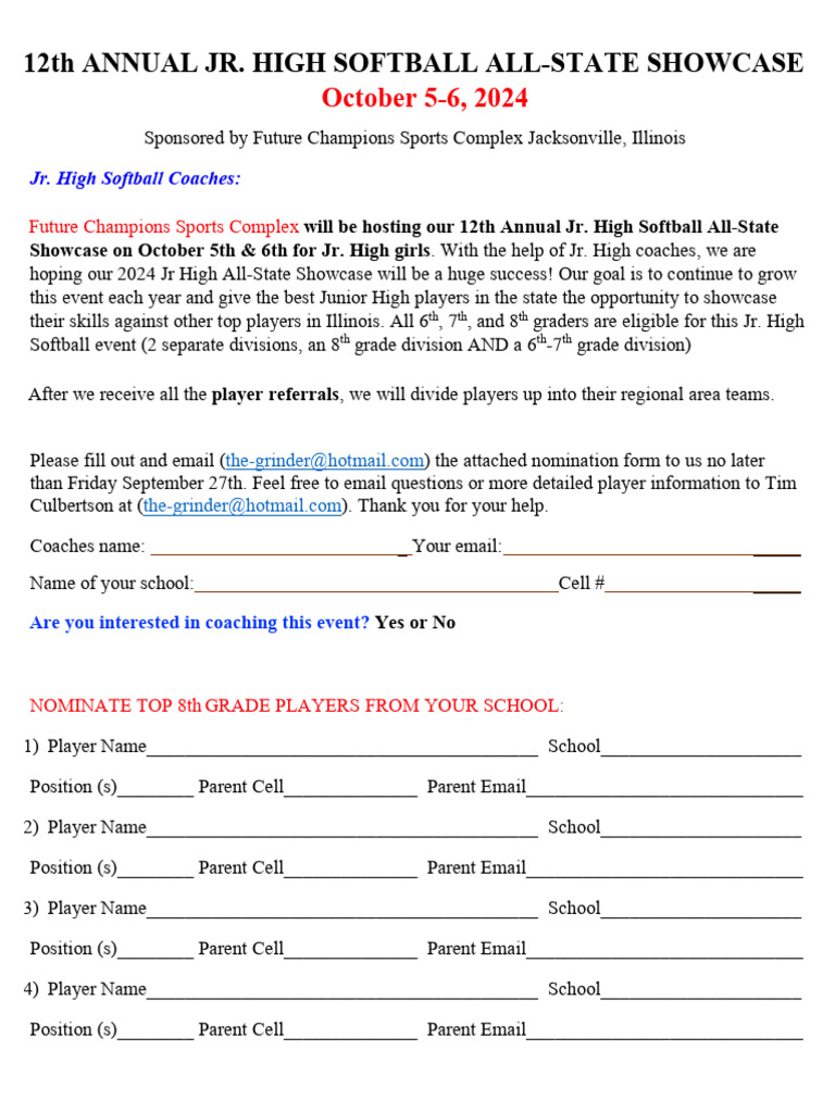 2024 JR High Softball All-State Nomination Form | PDF