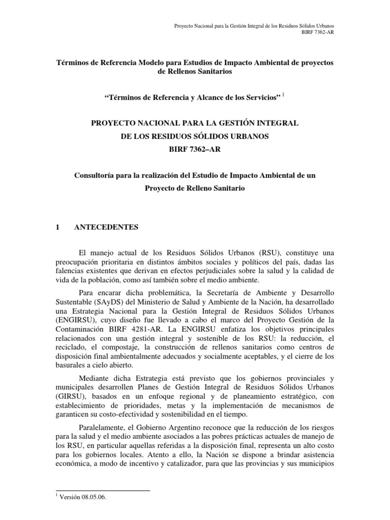 4.TDR Modelo EIA Rellenos Sanitarios 05.06 | PDF | Agua subterránea | Residuos