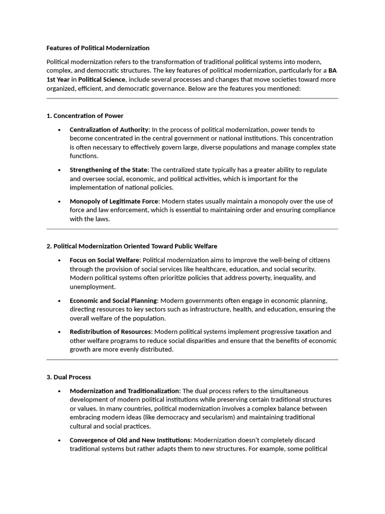 Features of Political Modernization | PDF | Bureaucracy | Welfare