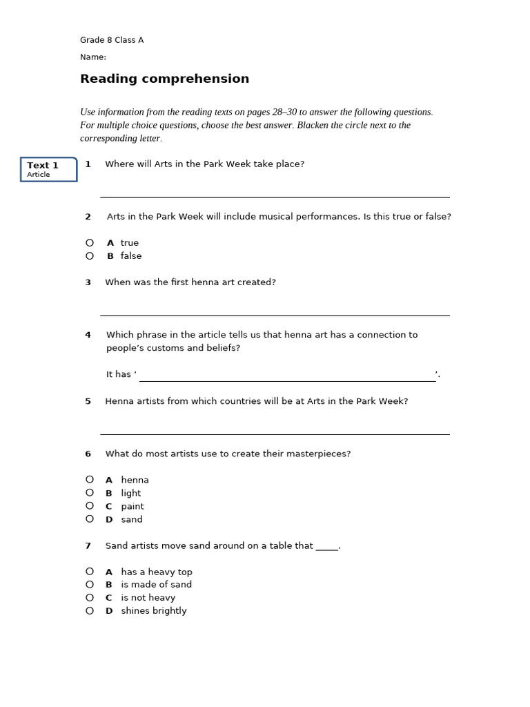 Grade 8 Reading Comprehension Quiz | PDF
