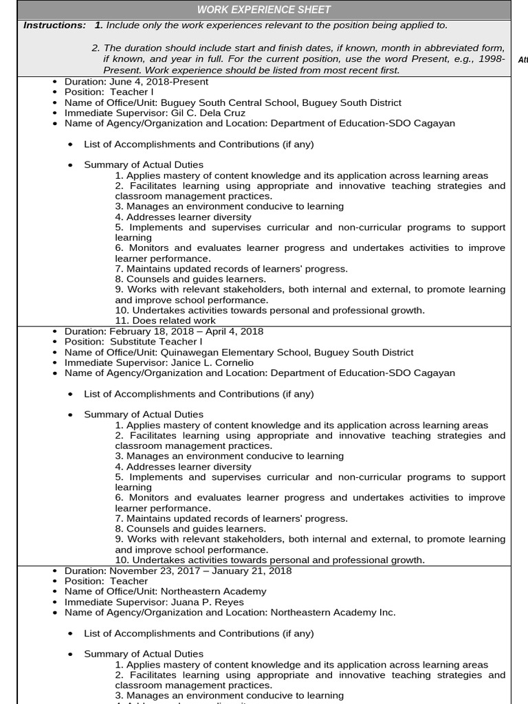 CS Form No. 212 Attachment - Work Experience Sheet-SAMPLE ONLY (1 ...