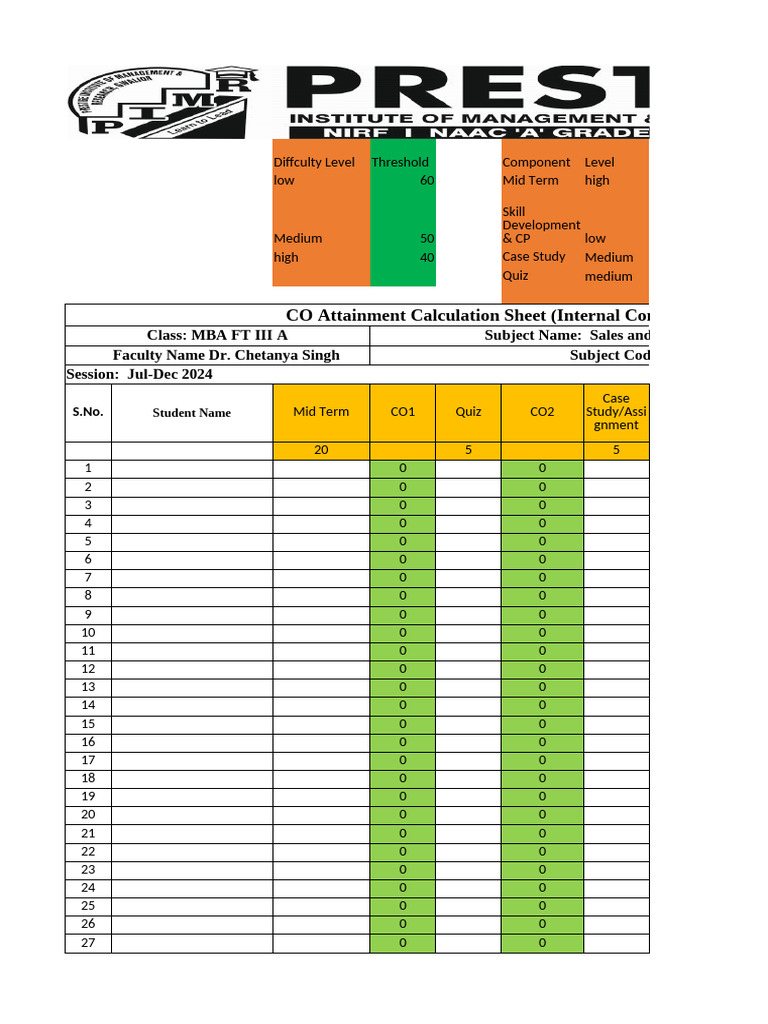 CO Attainment Sheet MBA FT-Jul-Dec-2024 | PDF