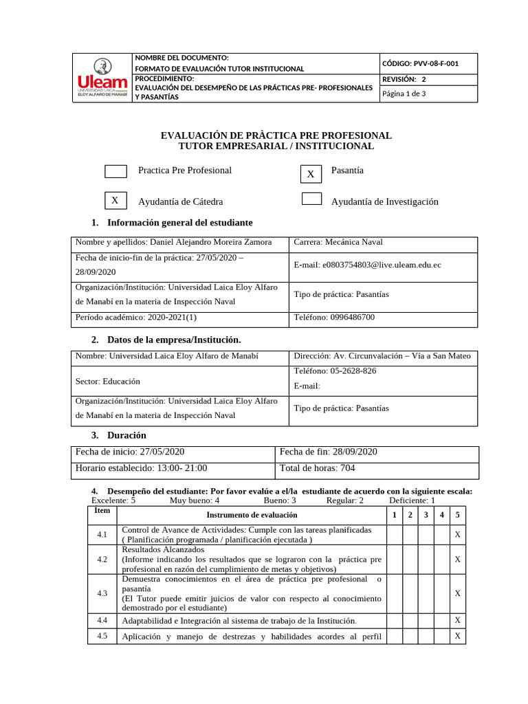 PVV 08 F 001 Formato de Evaluacion Tutor Institucional 2 | PDF