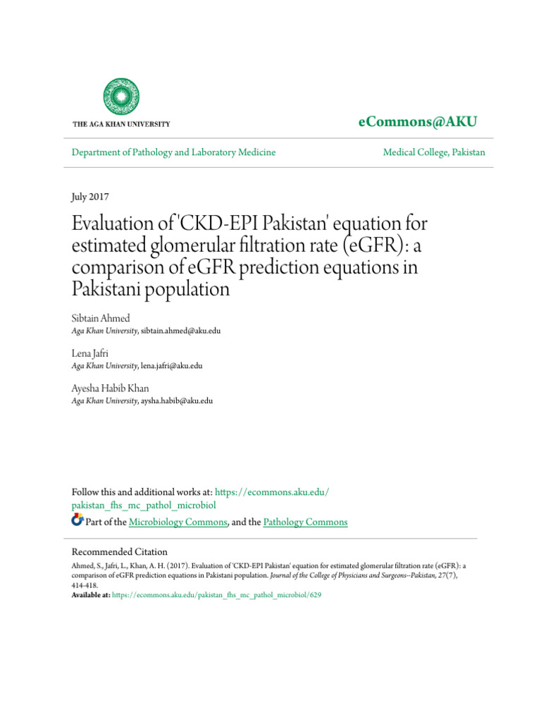 CKD-EPI Pakistan Equation for eGFR Evaluation | PDF | Kidney | Medical ...