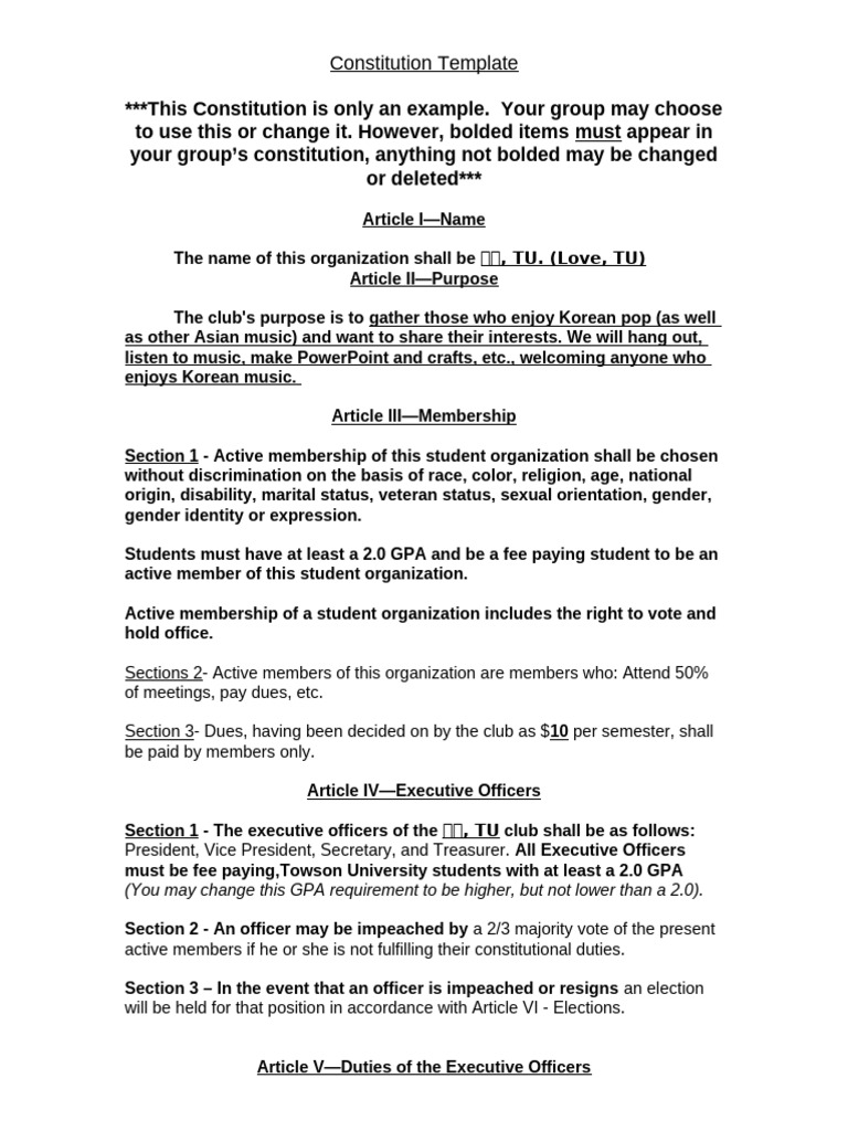 Sample Constitution for K-Pop Club | PDF | Supermajority | Committee
