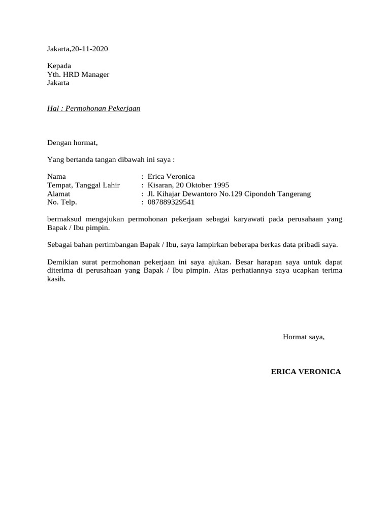 Surat Lamaran Kerja ericha | PDF