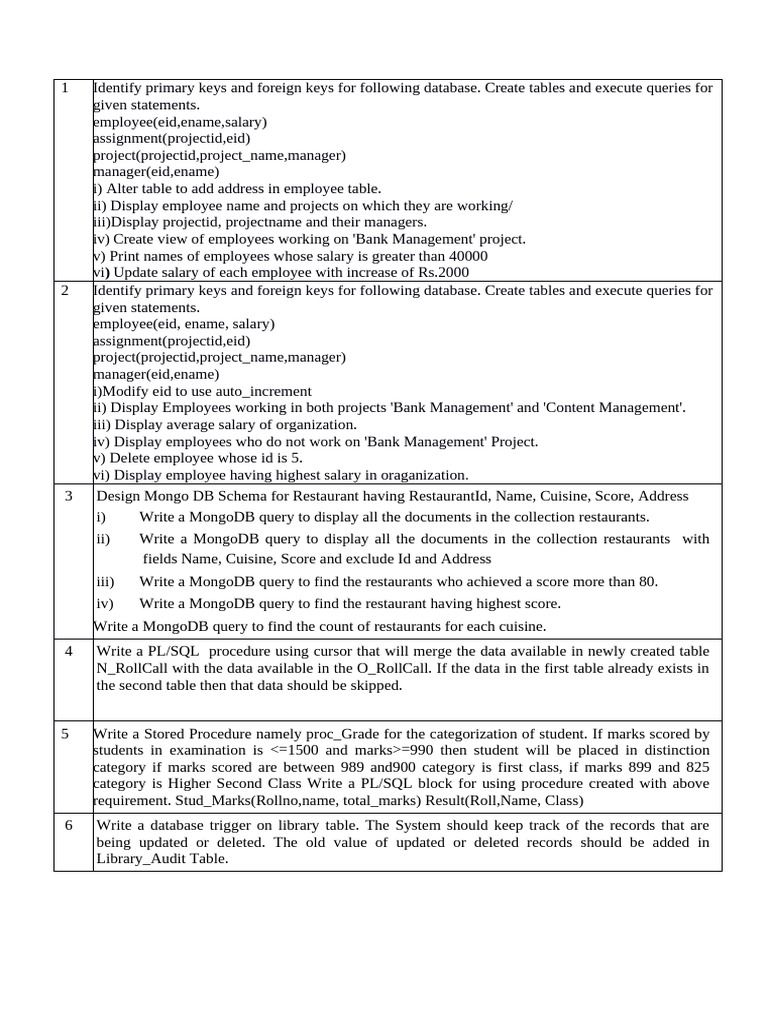 DBMS Sample Problem Statements | PDF | Mongo Db | Pl/Sql